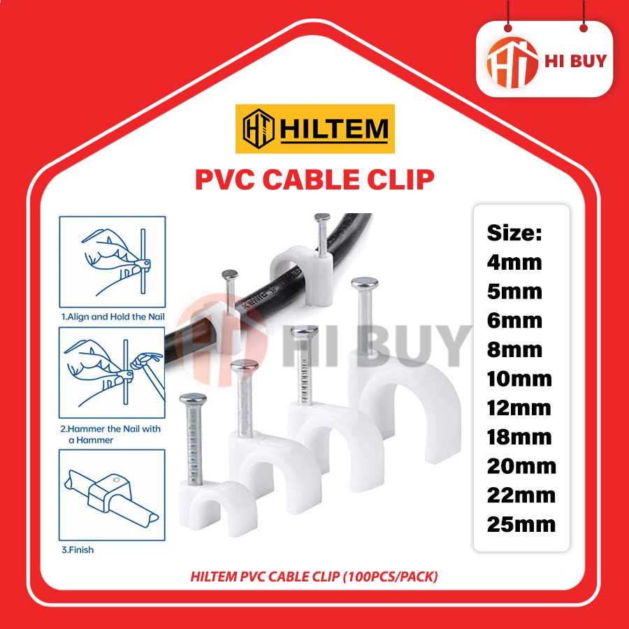 HILTEM PVC CABLE CLIP 4/ 5/ 6/ 7/ 8/ 10/ 12/ 18/ 20/ 22/ 25MM/ WALL ...