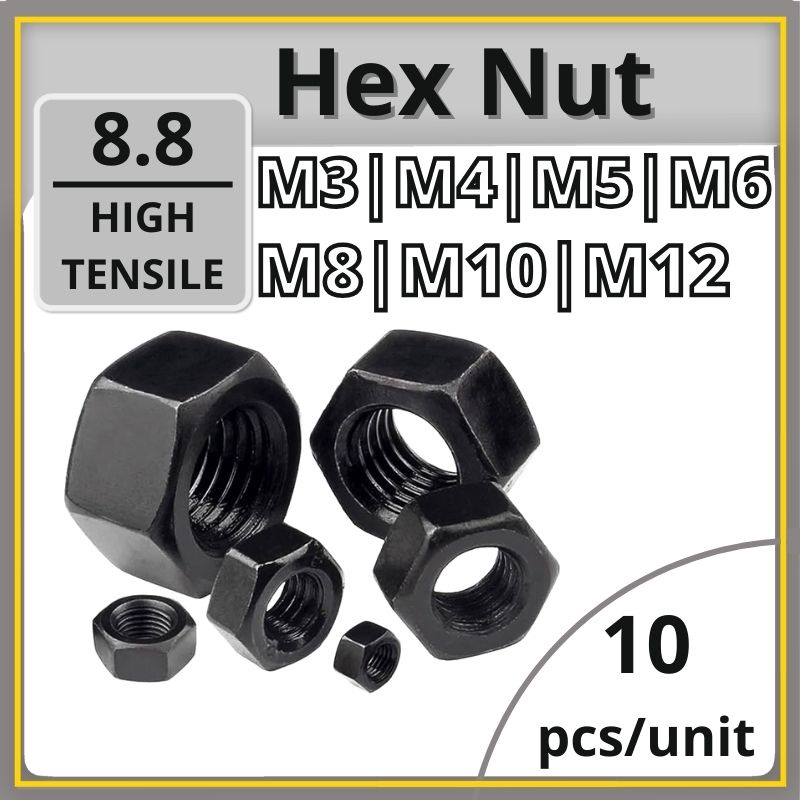 [10pcs] Hex Nut DIN934 | Carbon Steel Grade 8.8 | Black Oxide Coating ...