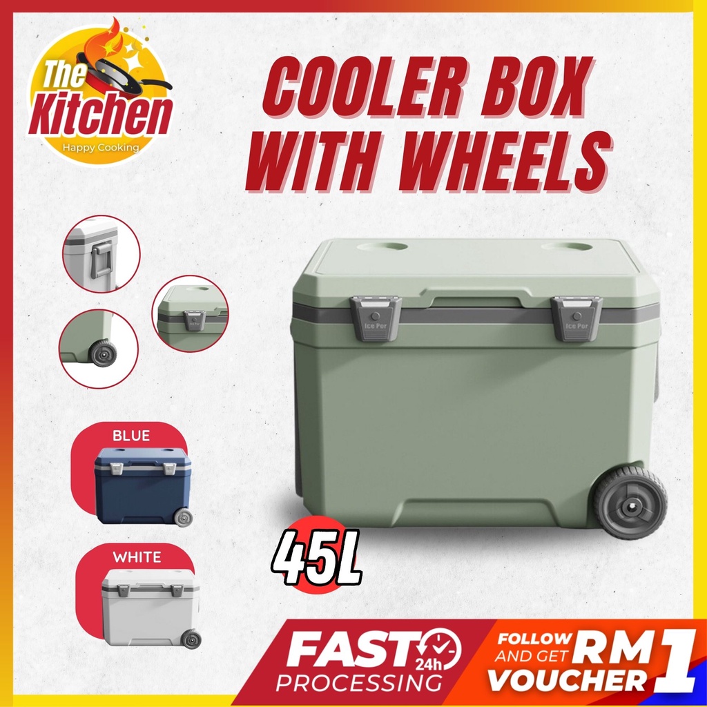 45L Portable Cooler Box With Wheel Roller Ice Coolerbox Food Storage ...