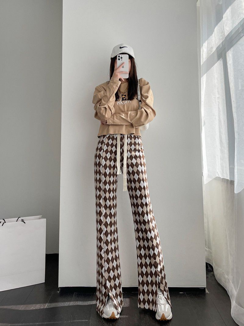 Spring and Autumn Retro Plaid Pants Women's High Waisted Slim Fitting ...