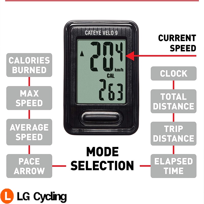 Cateye Velo 9 Meter Black Wired Bike Computer Original Cycling Bike ...