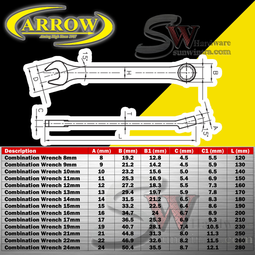 ARROW 14Pcs CR-V Combination Spanner Set Chrome Vanadium Steel Spanner ...