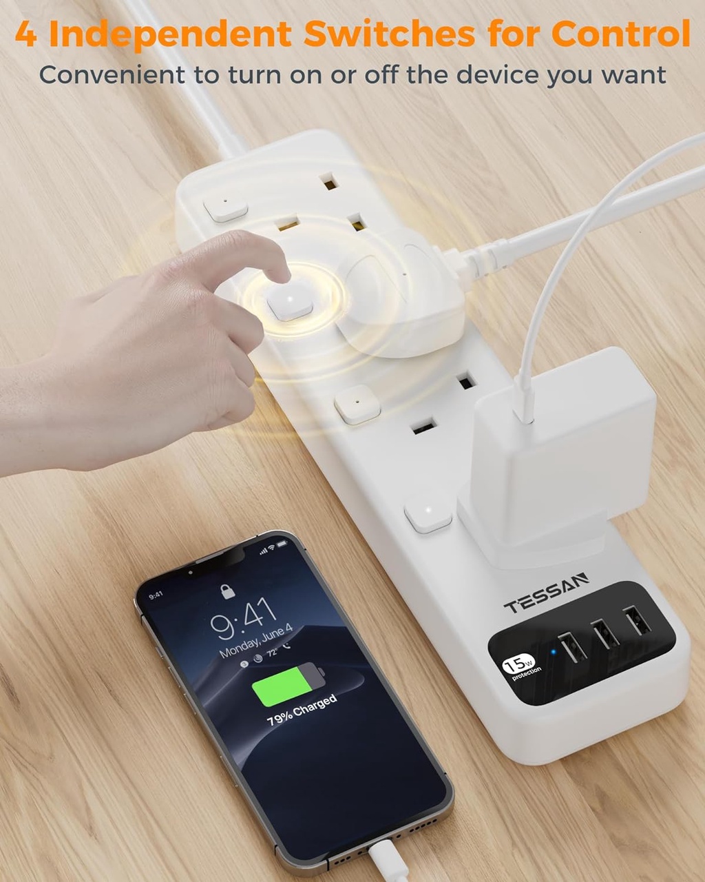 TESSAN Extension Plug Power Socket Extension Cord with 3 USB Slots ...