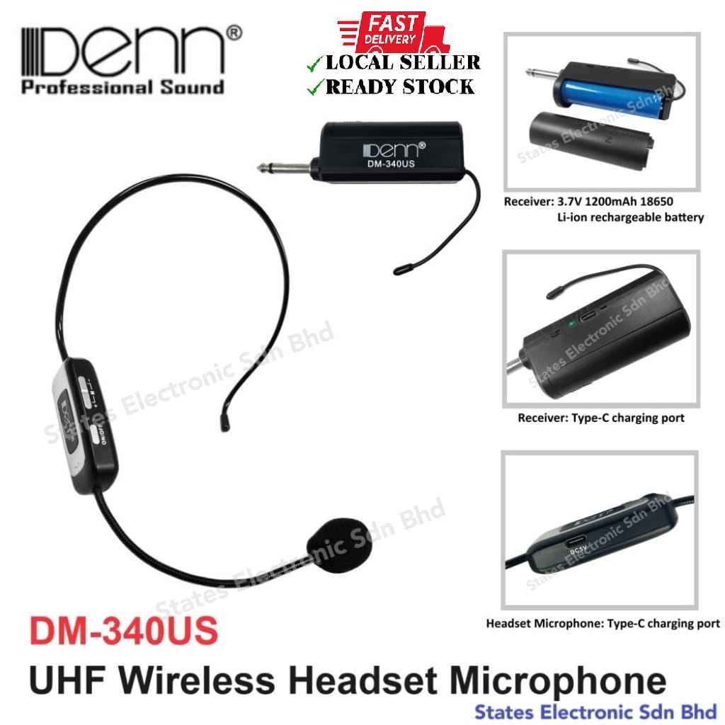 DENN DM-340US UHF Wireless Headset Microphone (10 Selectable Channel ...