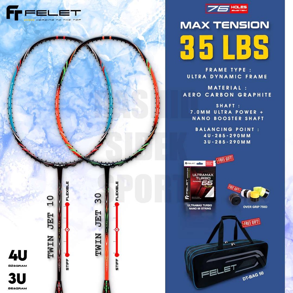 Felet Twin Jet 4u 82gram Max-35Lbs Racket Badminton Racket Raket ...