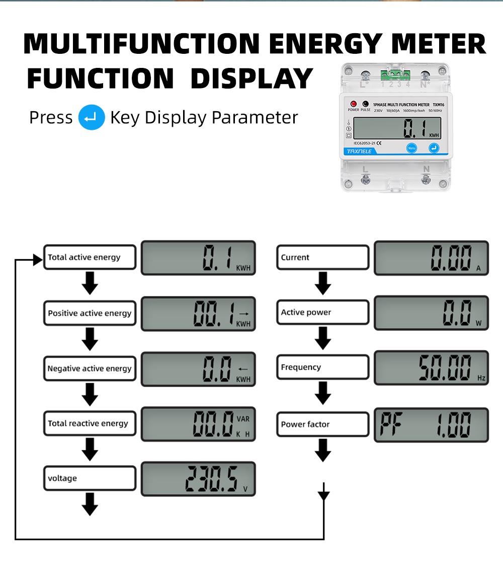 Single Phase 1P 2 Wire Digital Wattmeter Power Consumption Energy Meter ...