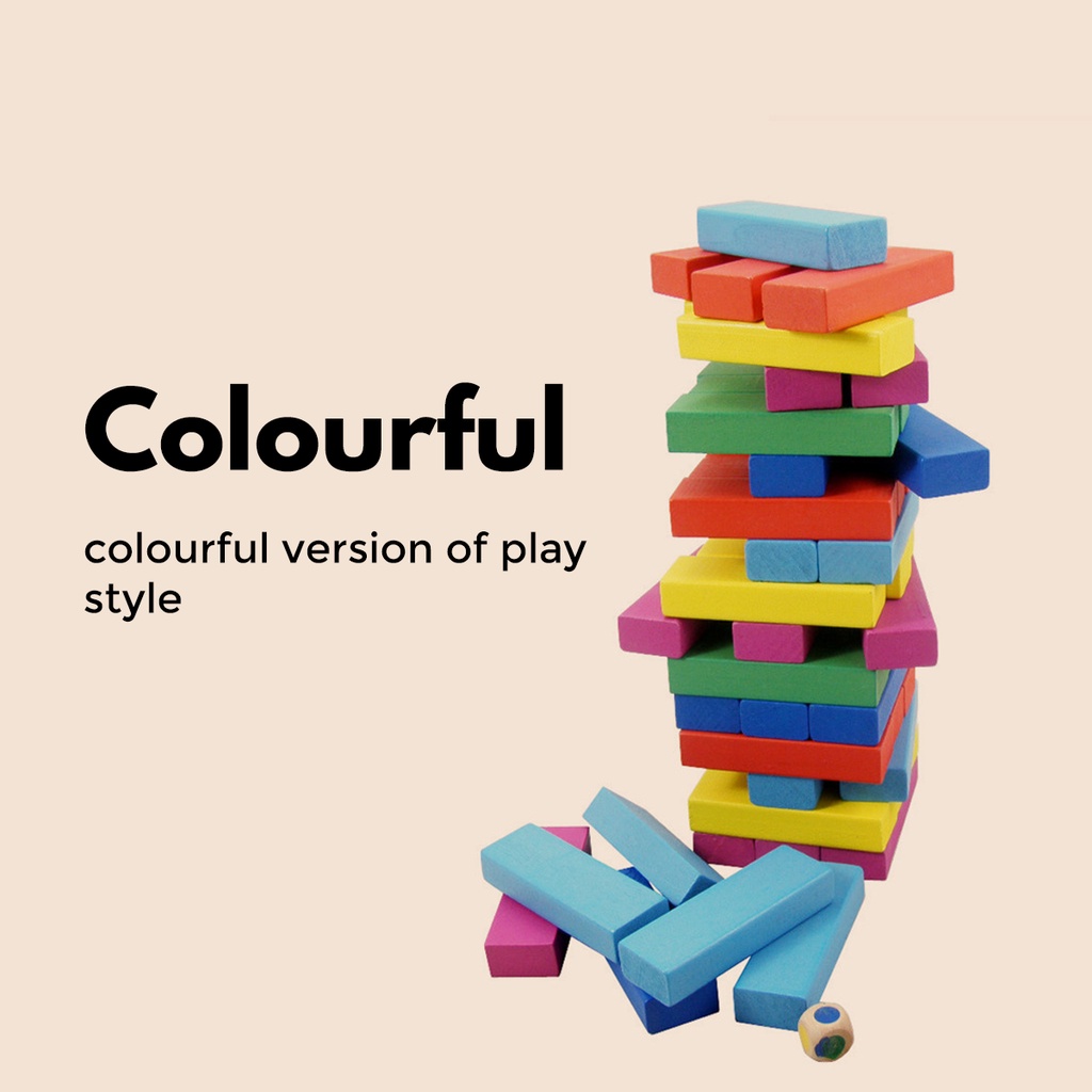 Realeos 54 Pcs Wooden Stacking Block Tumbling Tower Toy Kids Timber ...
