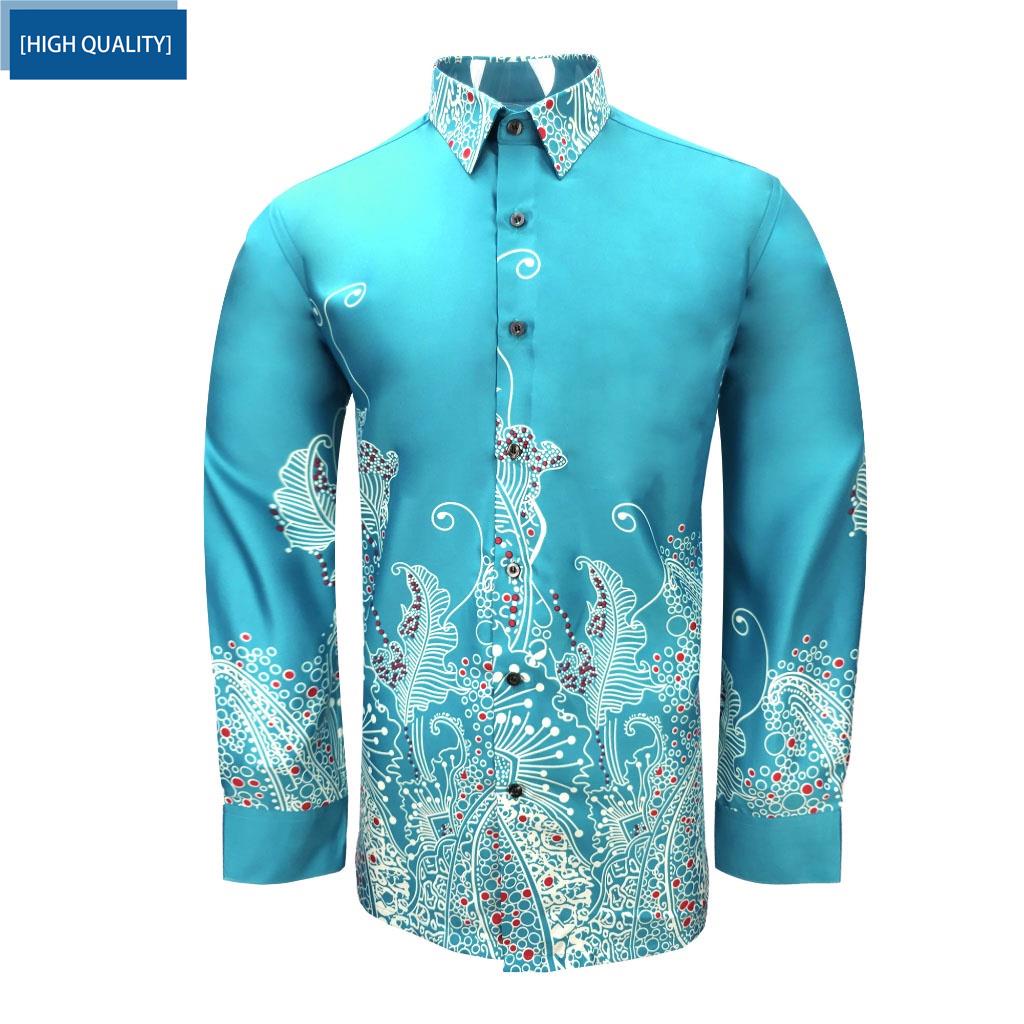 (Regular) Cyan Blue Color Malaysia Men Batik Long Sleeve Kemeja Batik ...