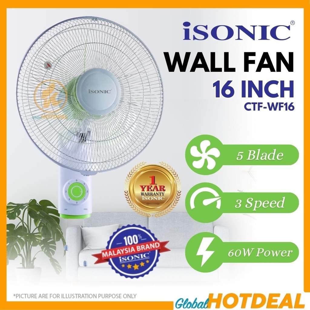 [READY STOCK] ISONIC Wall Fan 16" CTF-WF16A8 5 Blade 60W 3 Speed Cold ...