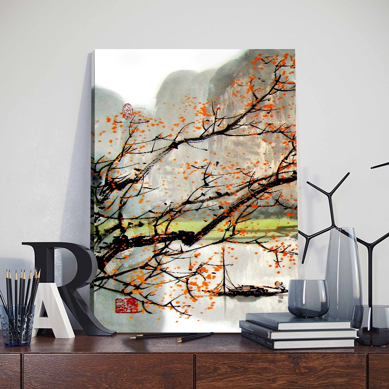(With Frame）Chinese Landscape Poster with Frame Plum Blossom Mountains ...