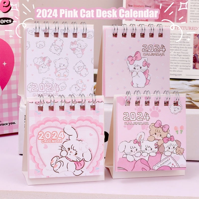 2024 Mini Cute Pink Cat Calendar /DIY Kawaii Cartoon Animals Desk ...