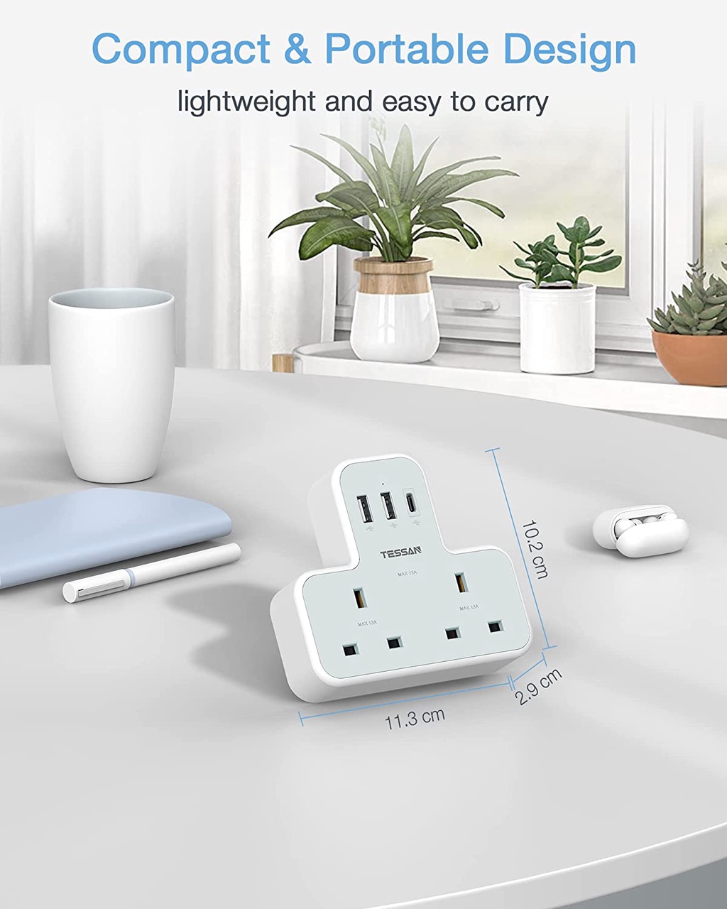 TESSAN Extension Plug with USB C Charger, Wall Socket Plug Adaptor with ...