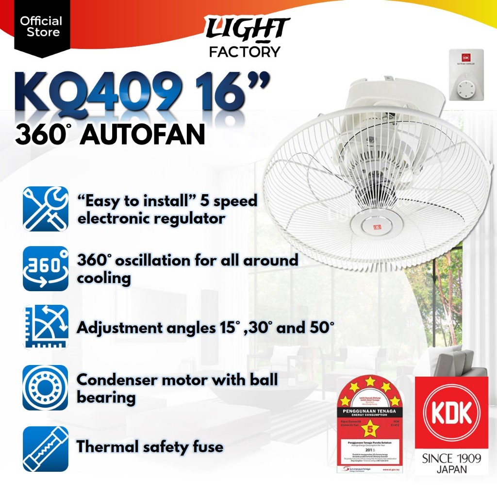 🔥SIRIM🔥KDK KQ409 Regulator Auto Fan KQ-409 16" 5 Speed / DECOR A68 16 ...