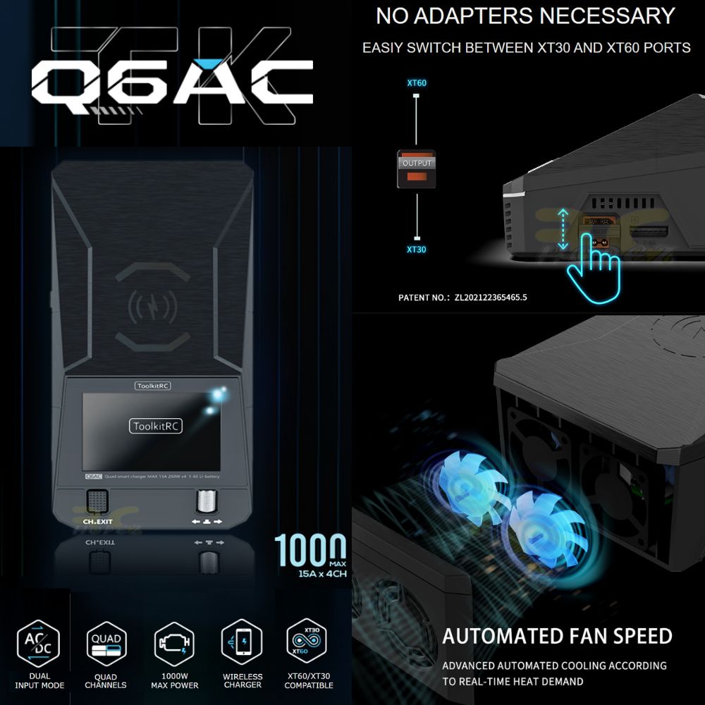 ToolkitRC Q6AC AC 400W DC 1000W 15A*4 Battery Charger Support Wireless Charging 1-6S 4CH Output ...