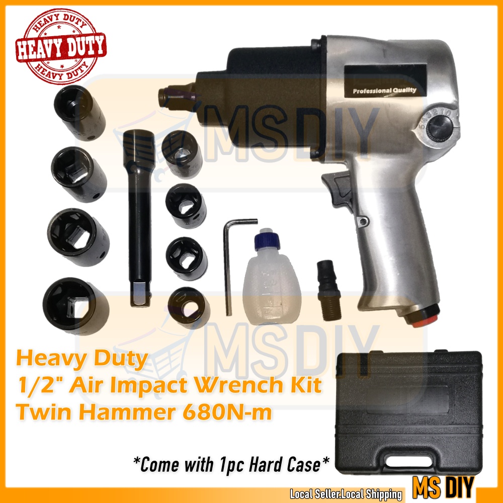 Professional 1/2" Air Impact Wrench Kit Heavy Duty Twin Hammer 680N-M ...