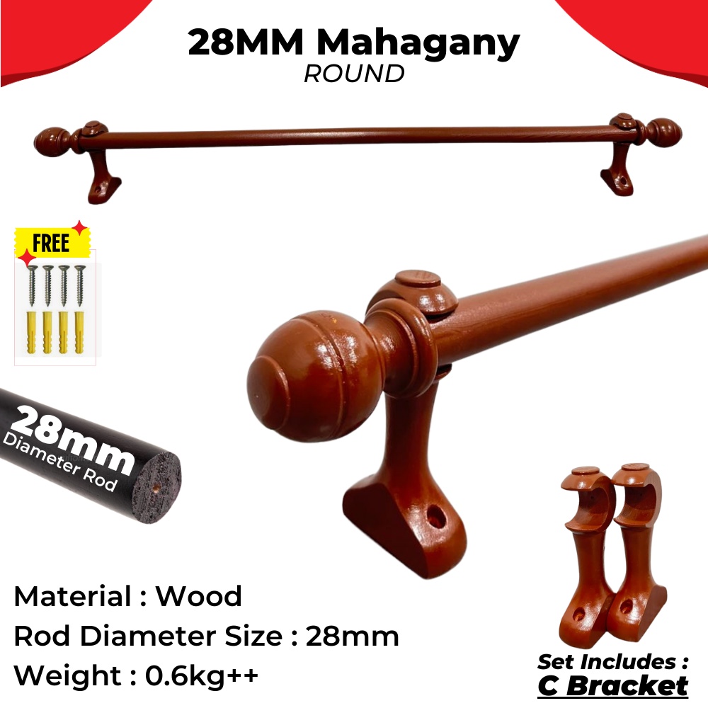 SUPERSAVE (No Ring) Wooden Curtain Rod 28MM Heavy Duty Wooden Rod Solid ...