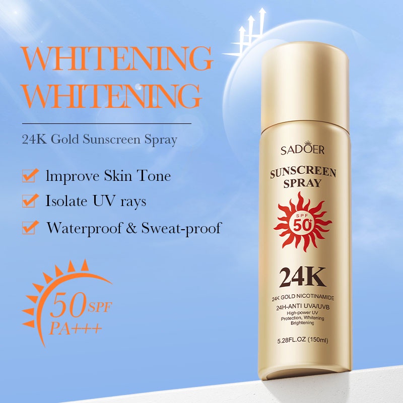 ROREC SADOER 24K Gold Sunscreen Spray SPF50+ PA+++ Nicotinamide 24H-Anti UVA/UVB High Protection ...