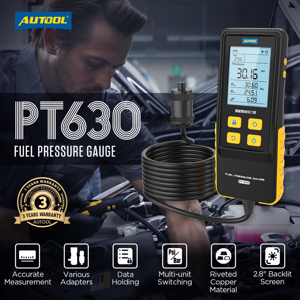 AUTOOL PT630 Fuel Pressure Gauge 0~29.4 bar Wide Measuring Range High ...