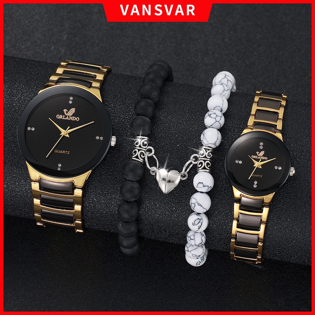 Fashion Couple Watch Classic Black Steel Band Quartz Watch Set New Year ...