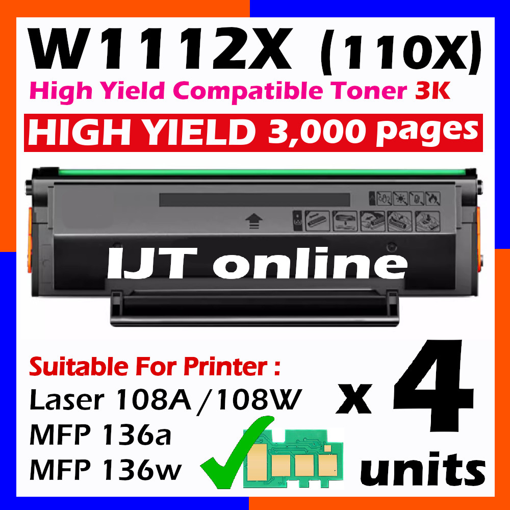 4x Compatible 110A W1110A W1112A W1112X 110X Laser Toner Cartridge for HP 108 108a 108w MFP 136a ...