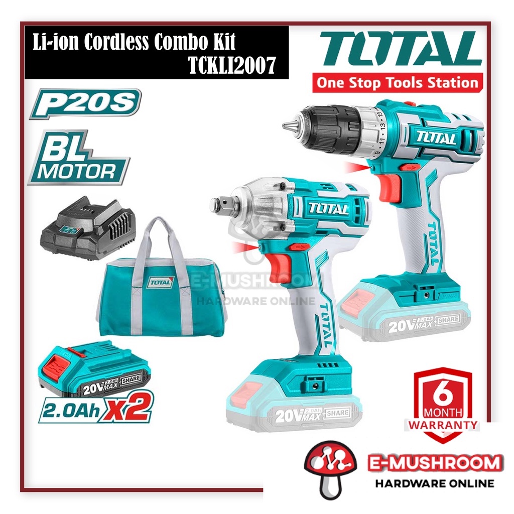 Total TCKLI2007 Li-ion Cordless Impact Wrench & Drill Combo Kit 20V ...