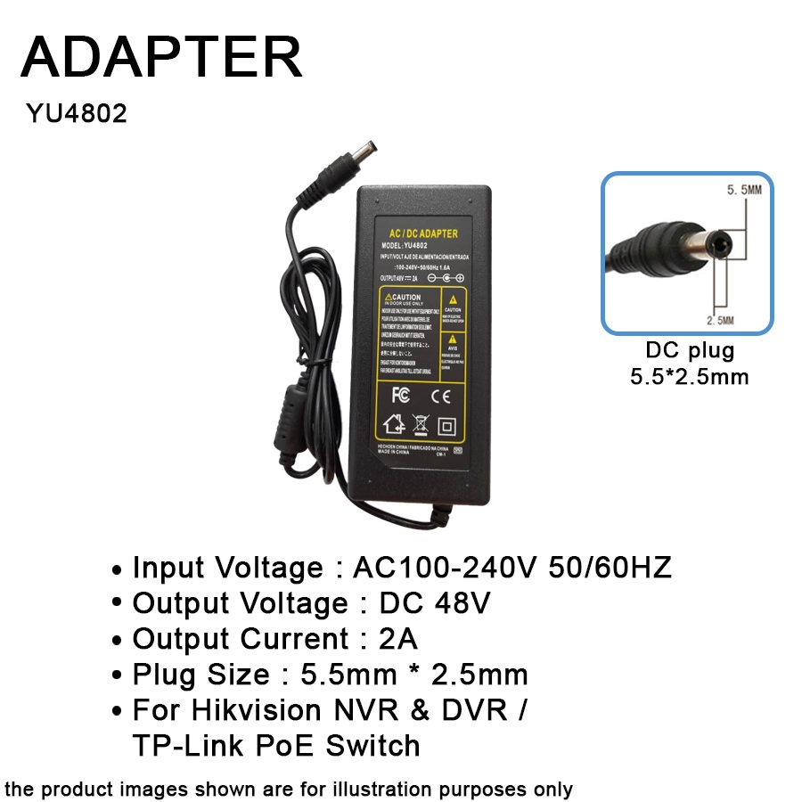 AC/DC 100V-240V Adapter 48V 2A 5.5mm*2.5mm For Hikvision NVR & DVR ...