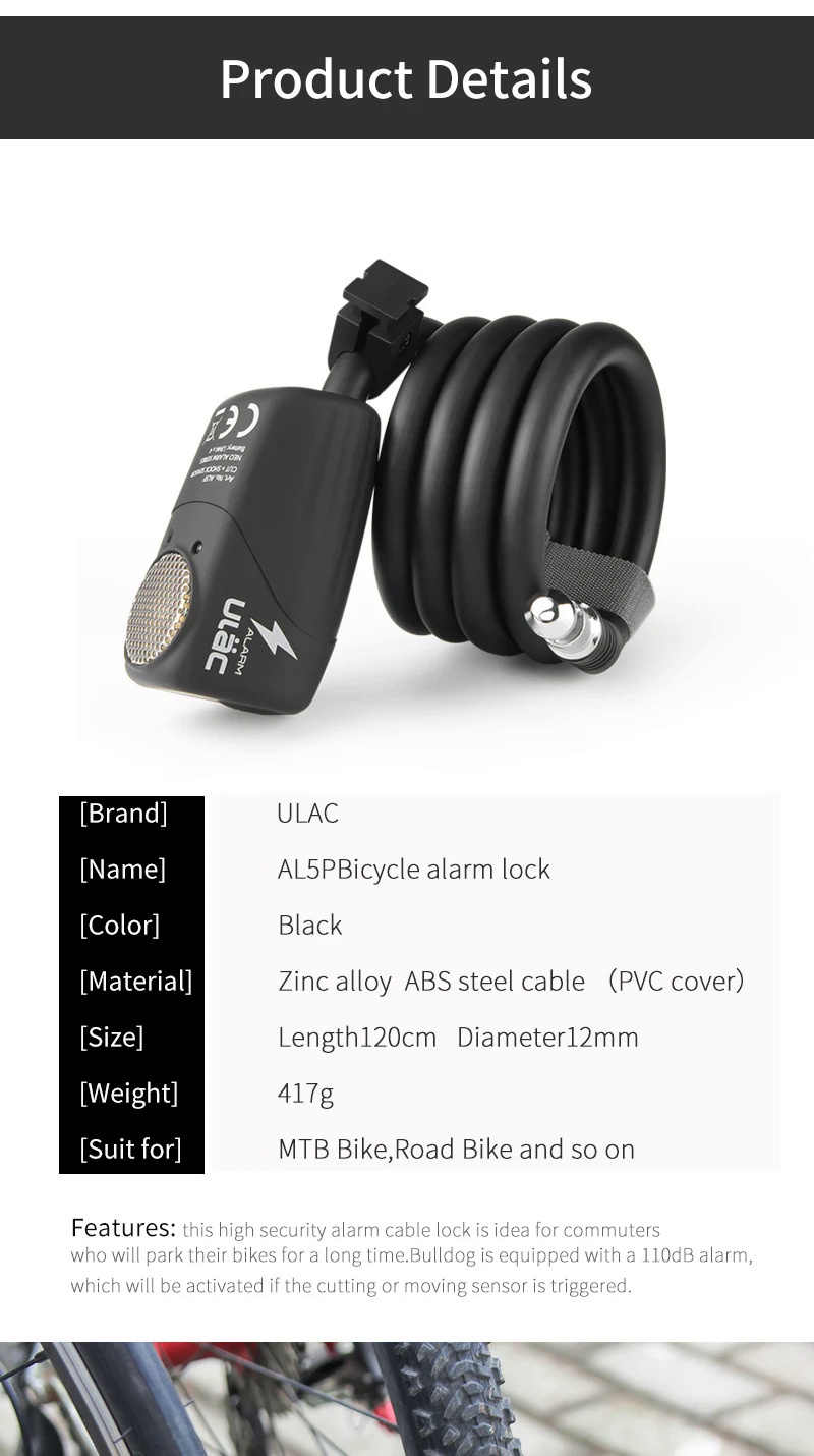 Bike Lock 110dB Bicycle Electronic Alarm Lock Cycling Bike Steel Cable ...