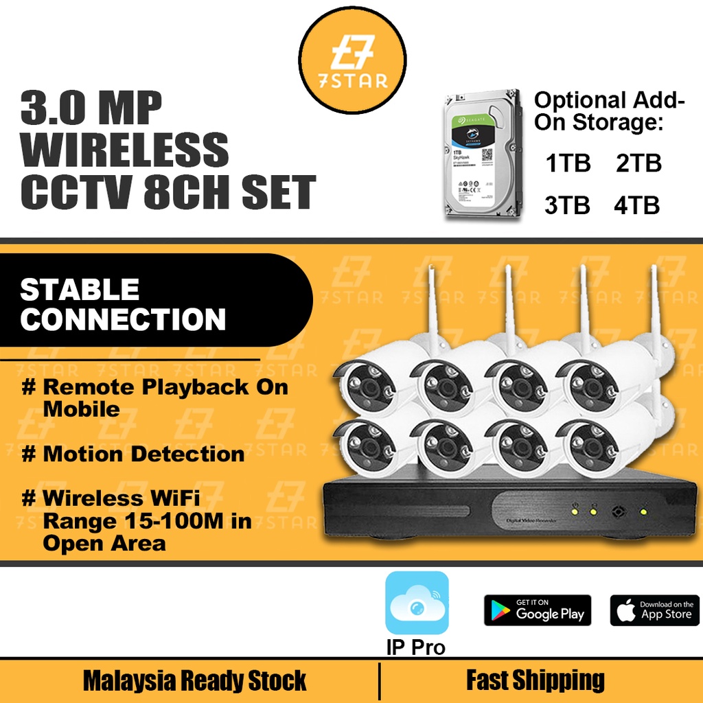 7star 8CH Wireless NVR CCTV 3MP H.265 Full HD 1296P Outdoor IP Camera ...