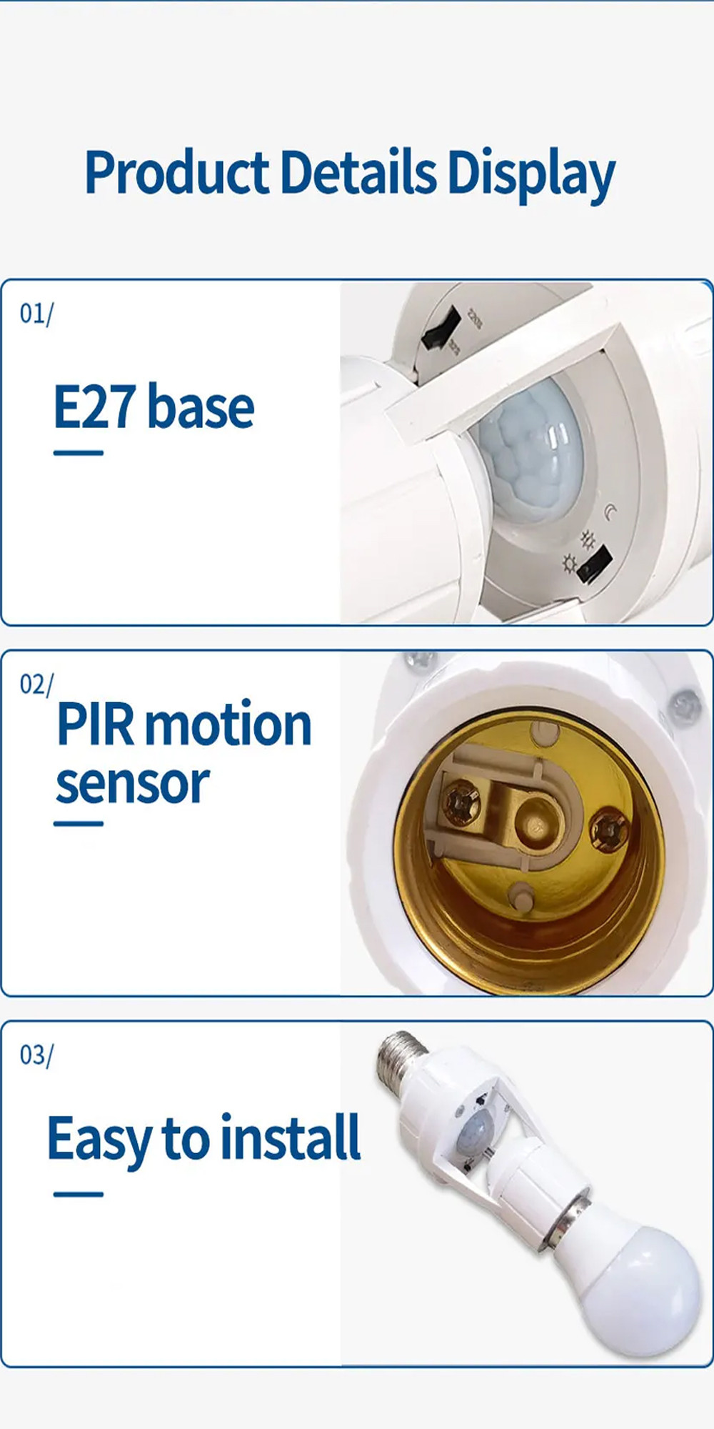 2PCS E27 PIR Sensor Lamp Head Adapter Light Socket E27 Screw Adjustment Switch Sensing No Wiring ...