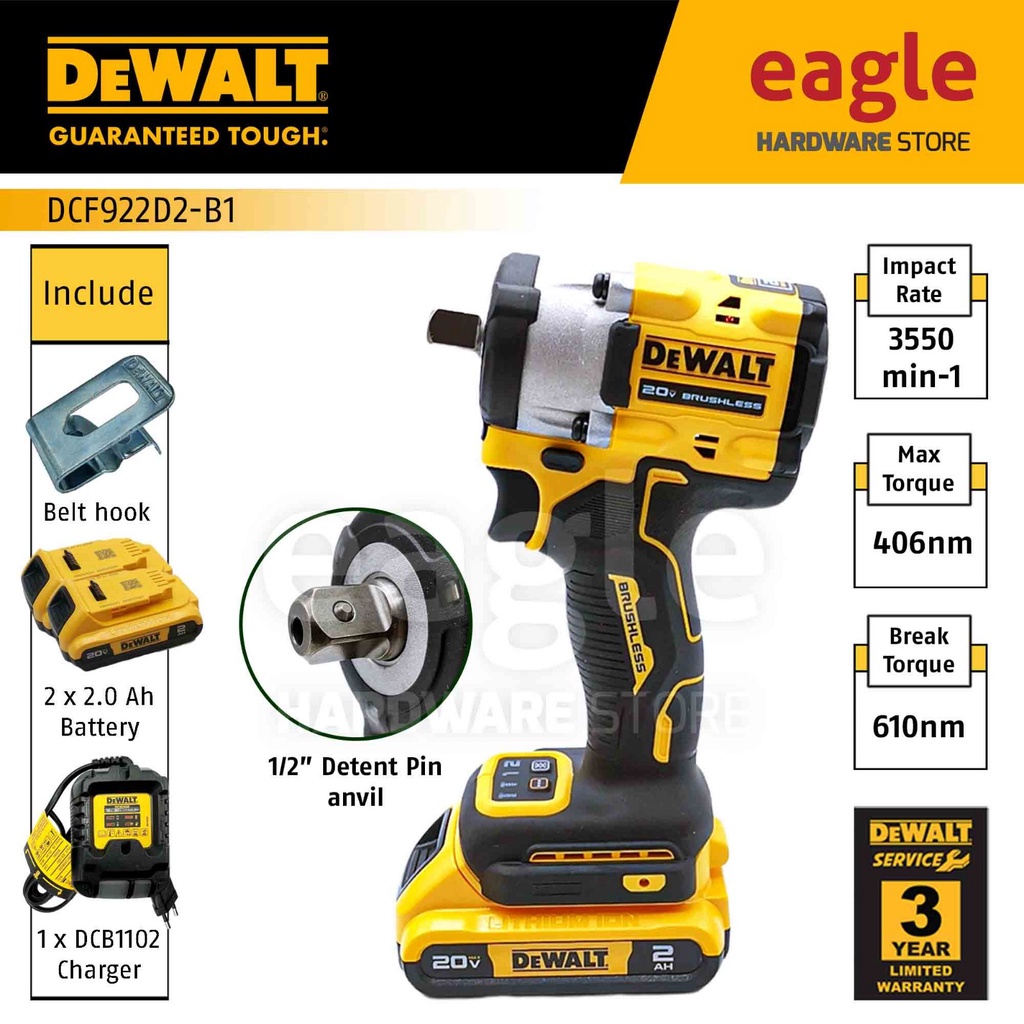 Dewalt DCF922D2-B1 12.7mm ( 1/2” ) 18/20V Brushless Cordless Impact ...