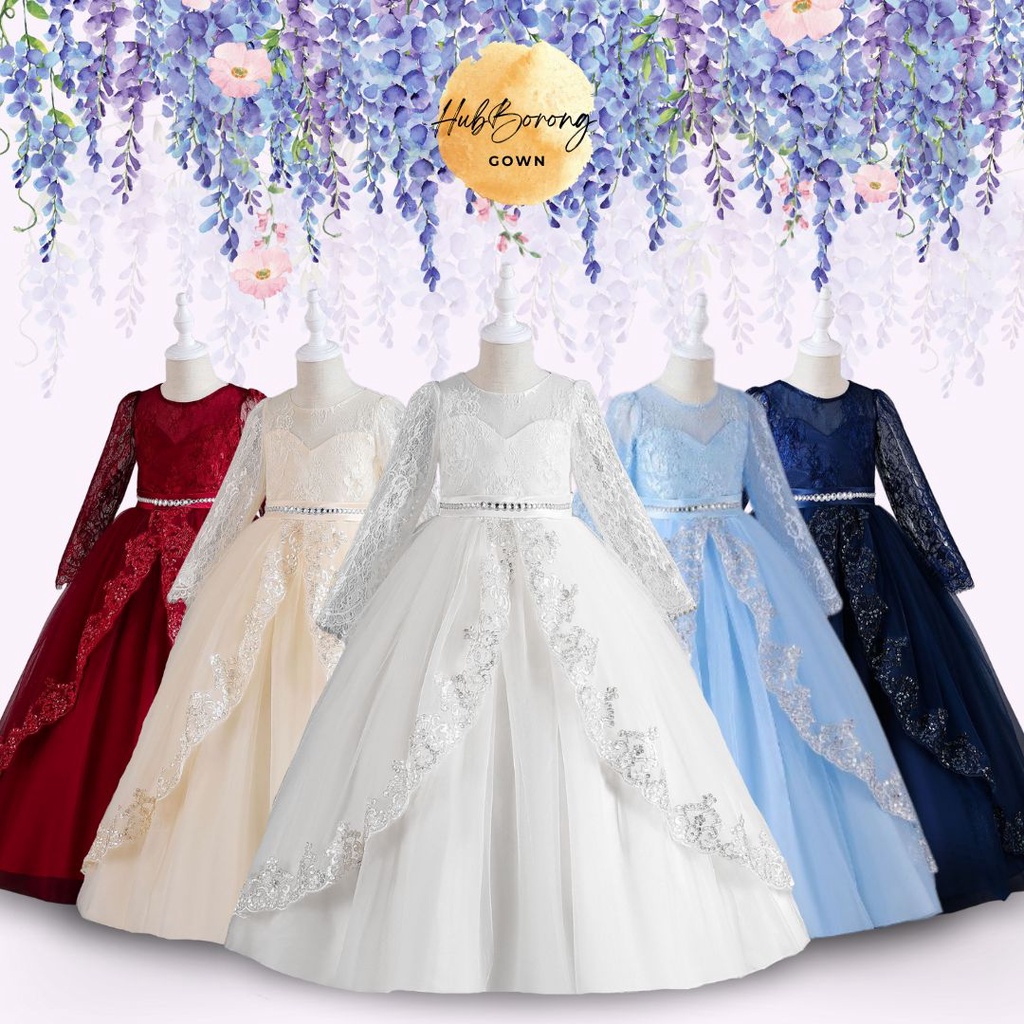 Gaun Lace Kembang Labuh Lengan Panjang Budak Perempuan Pelbagai Majlis ...