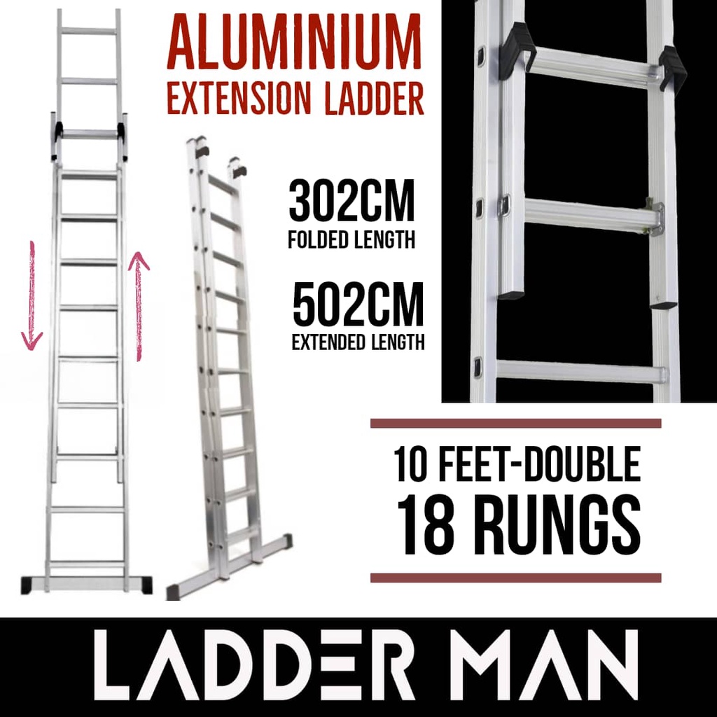 10 Feet 20 Steps Double Extension Telescopic Ladder Heavy Duty Foldable ...