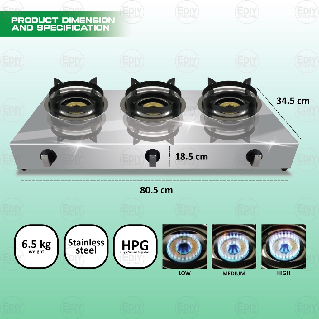 SAWANA 3 BURNERS HEAVY DUTY HIGH PRESSURE DAPUR GAS STOVE COOKER ...