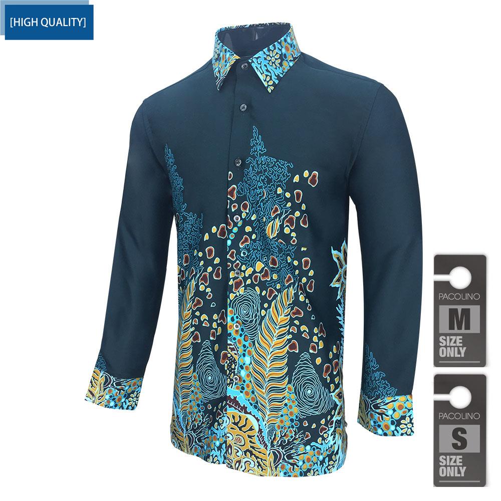 (Regular Cut) Green Color Malaysia Men Batik Long Sleeve Kemeja Batik ...