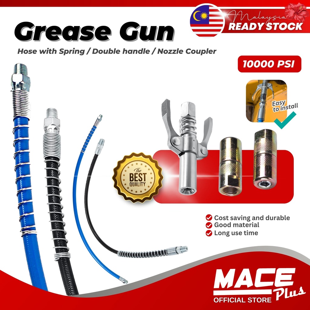 10000PSI GREASE GUN Double Handle-Flexible Hose-Nozzle Coupler ...