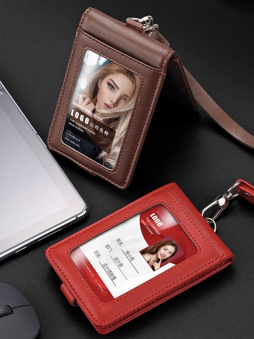 Real Leather Badge Holder Clear ID Card Pouch Staff Work Chest Cards ...