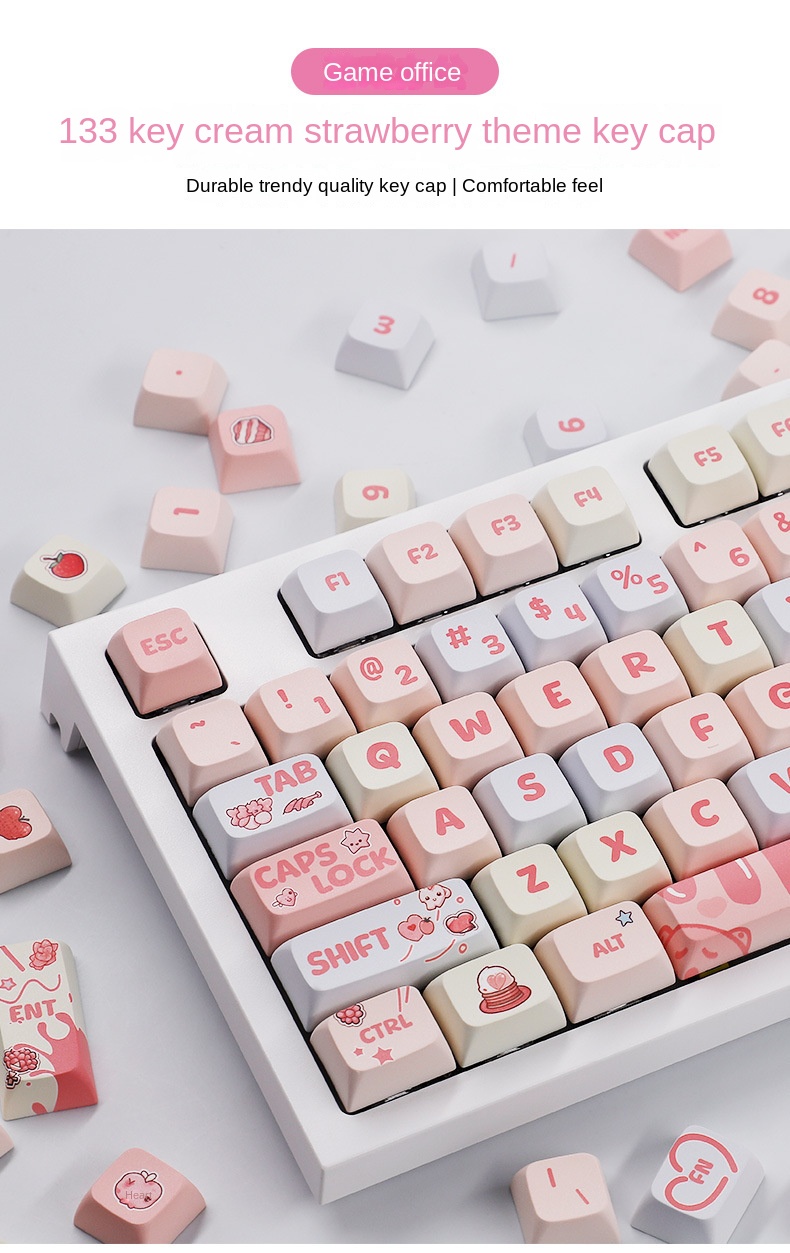 Cream Strawberry Theme Keycap 133 Keys Cute Pink Keycap PTB Five-sided ...