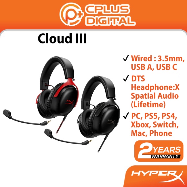 HyperX Cloud III Wired Gaming Headset 3.5mm Type C USB A DTS Headphone:X Spatial Audio PC PS5 ...