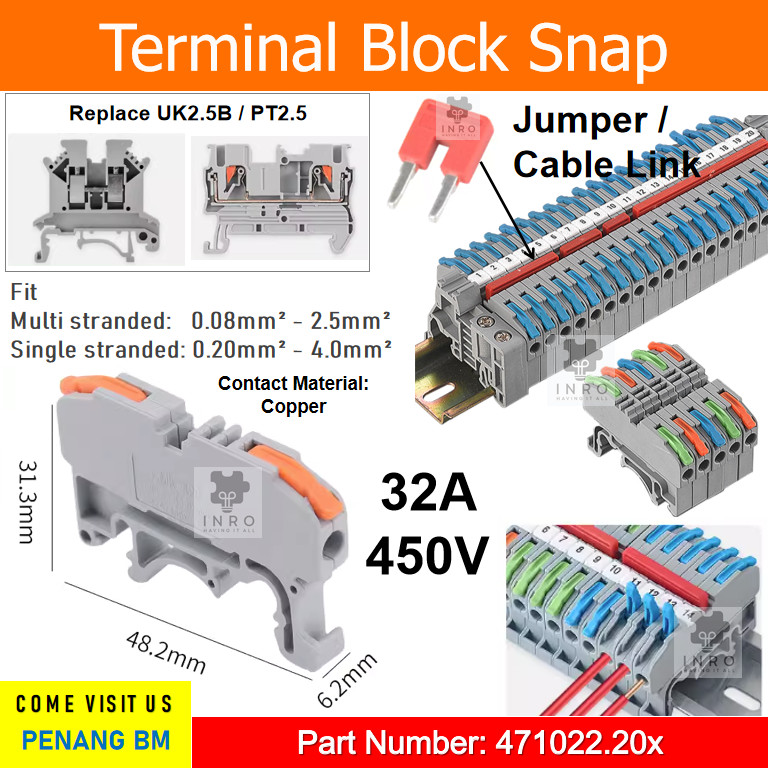 [1pc] 1 to 1 UK2.5B Din Rail Snap Fit Auto Wire Connector Press Fit ...