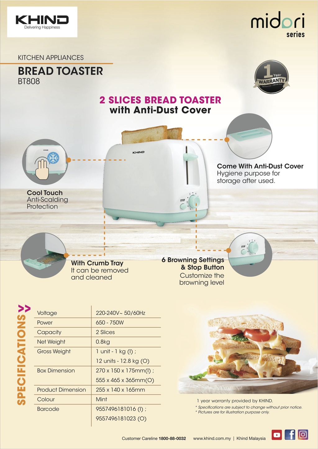 Khind 2 Slices Bread Toaster with Anti-dust Cover Pembakar Roti Murah ...