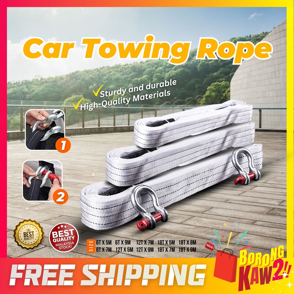 6 / 12 / 18 Ton Car Towing Strap 2 Safety Hook Towing Rope Car Towing ...