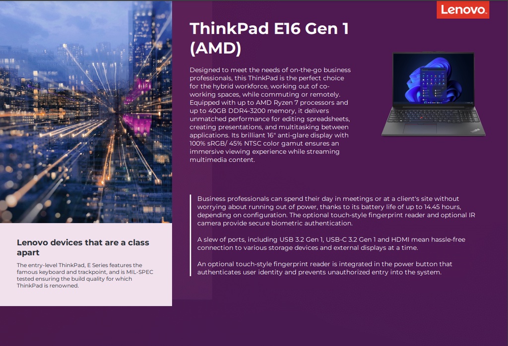 Lenovo 16'' ThinkPad E16 Gen 1 R7-7730U 8GB DDR4 512GB W11P WUXGA IPS ...