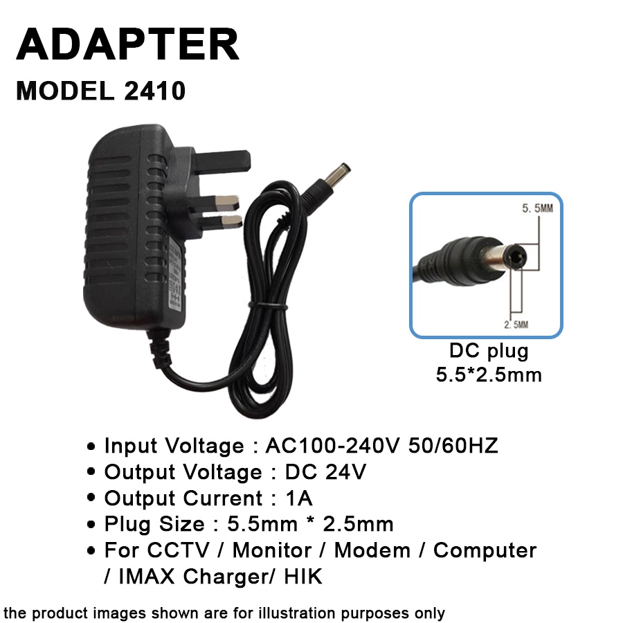 AC/DC UK 3 Pin 100-240V Power Adaptor 24V 1A DC Plug 5.5mm*2.5mm For ...