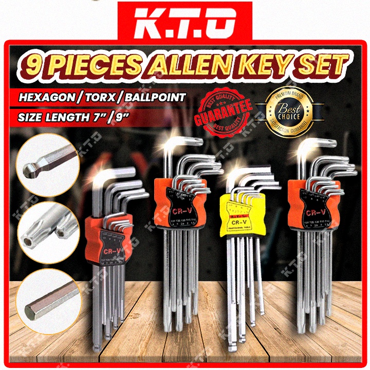 9 Pcs Allen Key Wrench Set Hex Torx Ball Point Extra Long CRV S2 L ...