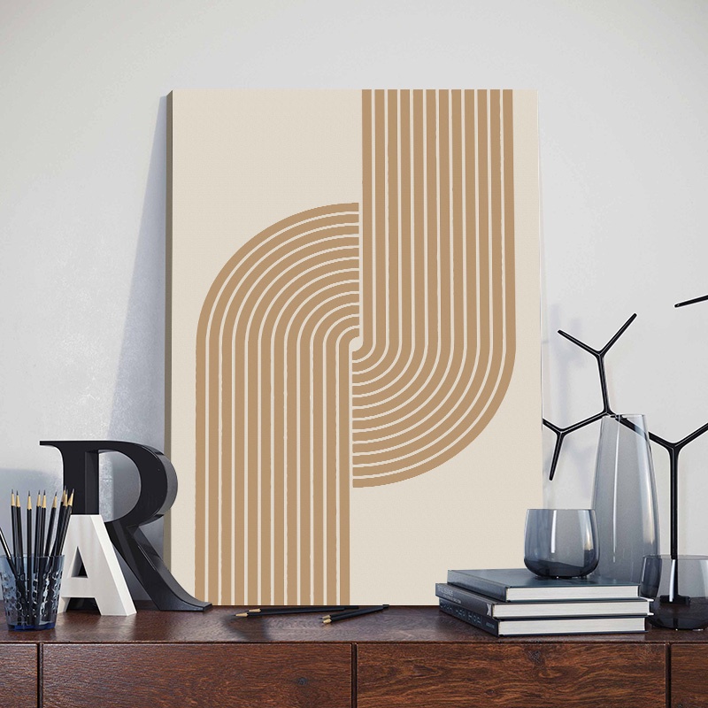 (With Frame）Beige Abstract Geometric Combination Line Canvas Painting ...