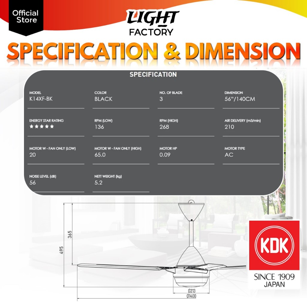 🔥NEW🔥KDK K14XF 56'' 3 Blades AC Motor Ceiling Fan with 3 Speeds Remote ...