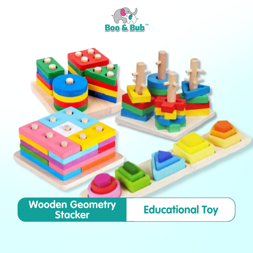 Boo&Bub Wooden Geometry puzzle stacker Shape Sorting Educational Toys ...