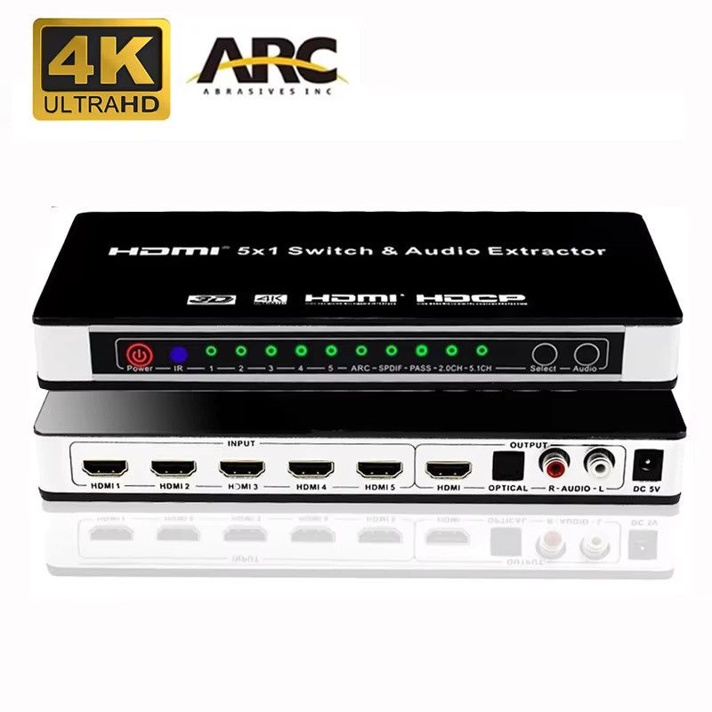 4K HDMI Switch Audio Extractor 5x1 HDMI ARC Switcher 5 in 1 out with Optical + R/L Audio HDMI ...