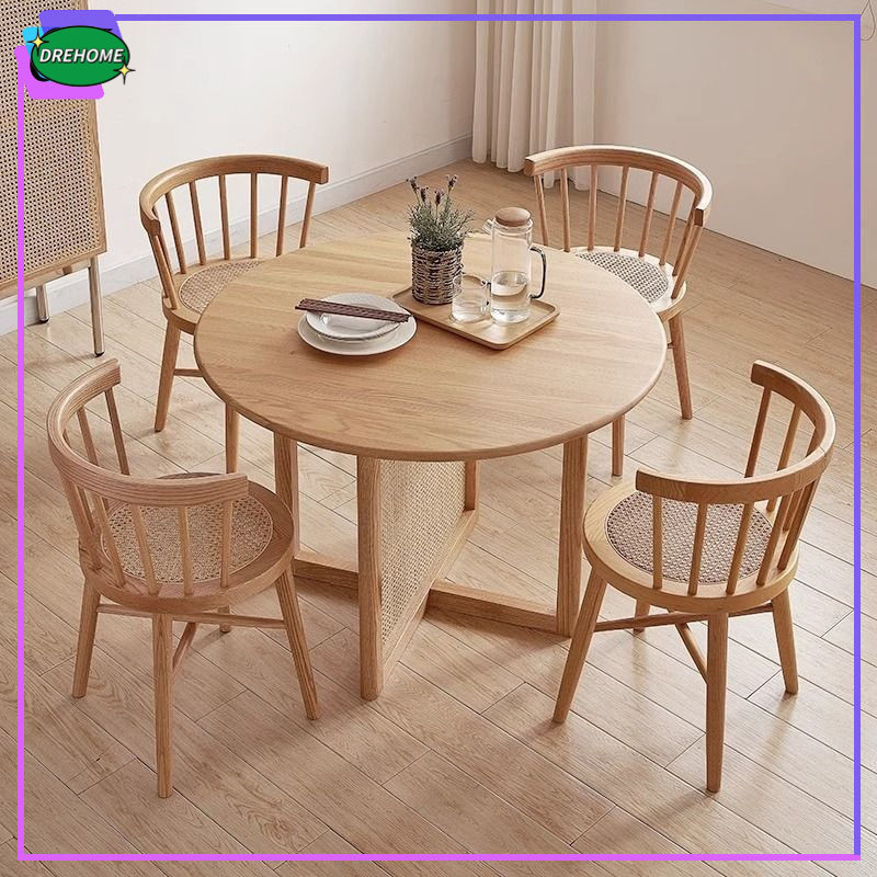 DRE Dining Table Nordic Rattan Round Table Multifunctional Solid Wood ...