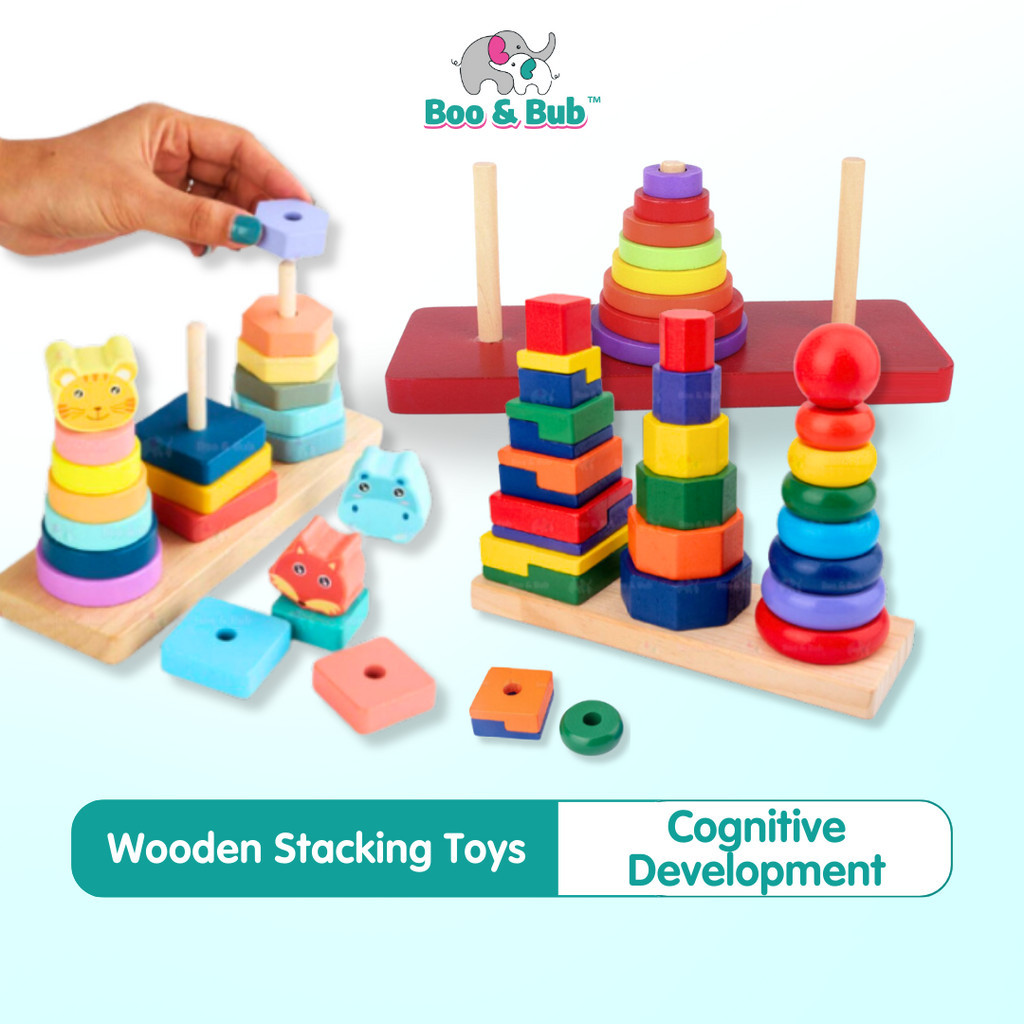 Boo&Bub Wooden Stacking Toys Rainbow stacking Ring Stacker Wooden Tower ...